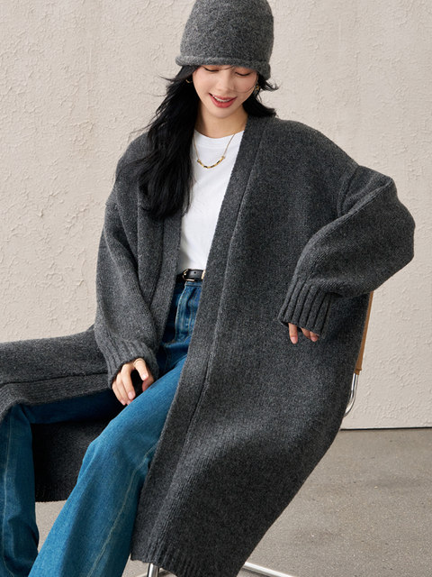 Loose and lazy mid-length 100% pure wool cardigan for women V-neck ...