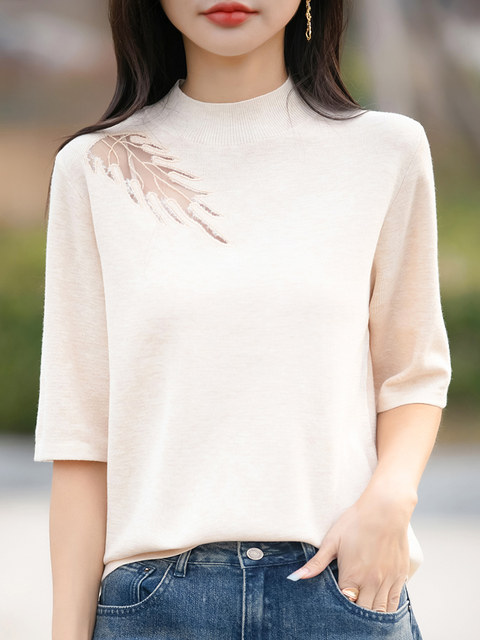 Half-high neck worsted wool sweater for women's lace hollow knitted ...