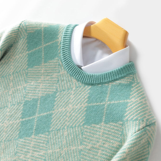 Autumn and winter men's 100% pure cashmere sweater round neck rhombus ...