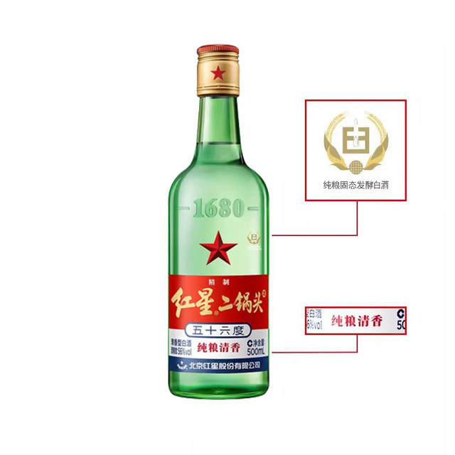 Beijing Red Star Erguotou sophomore 56 degrees green bottle 500ml*12 ...