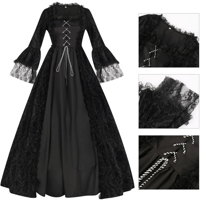 European Medieval Retro Dress Women's Belted Swing Skirt Gothic Dark ...