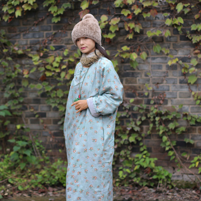 Retro thick and warm winter puffy robe Chinese -style plate buckle ...