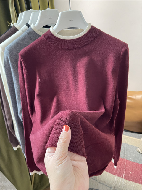 Double-layer collar fake two-piece color-blocking contrasting half-high ...
