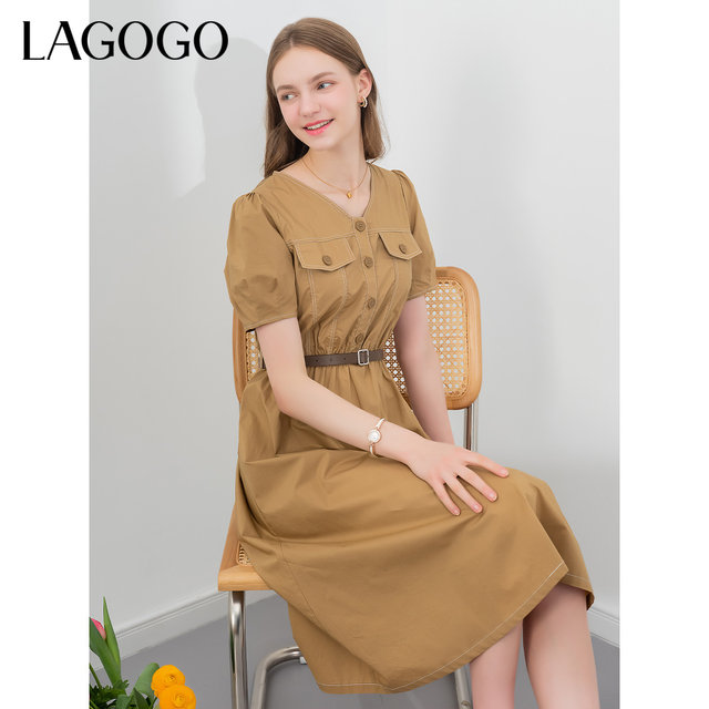 Lagogo Lagogo Maillard pure cotton dress women's 2024 summer new V-neck A-line puff sleeve retro ...