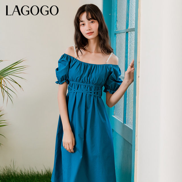 Lagogo Lagogu Xia new blue dopamine wear suspenders off-shoulder lady dress women's waist slimming