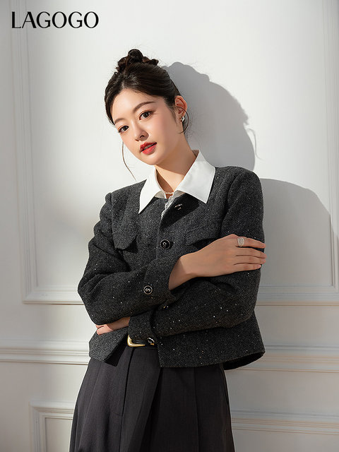 LAGOGO wool-containing temperament small fragrance jacket for women ...