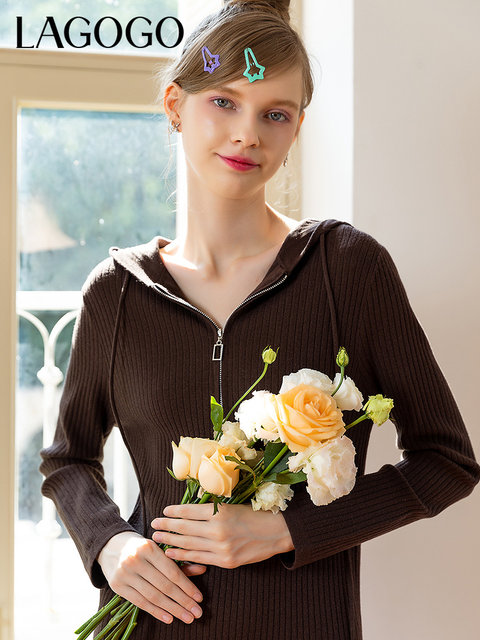 LAGOGO retro maillard dress for women Lagugu autumn and winter dating sexy slit skirt