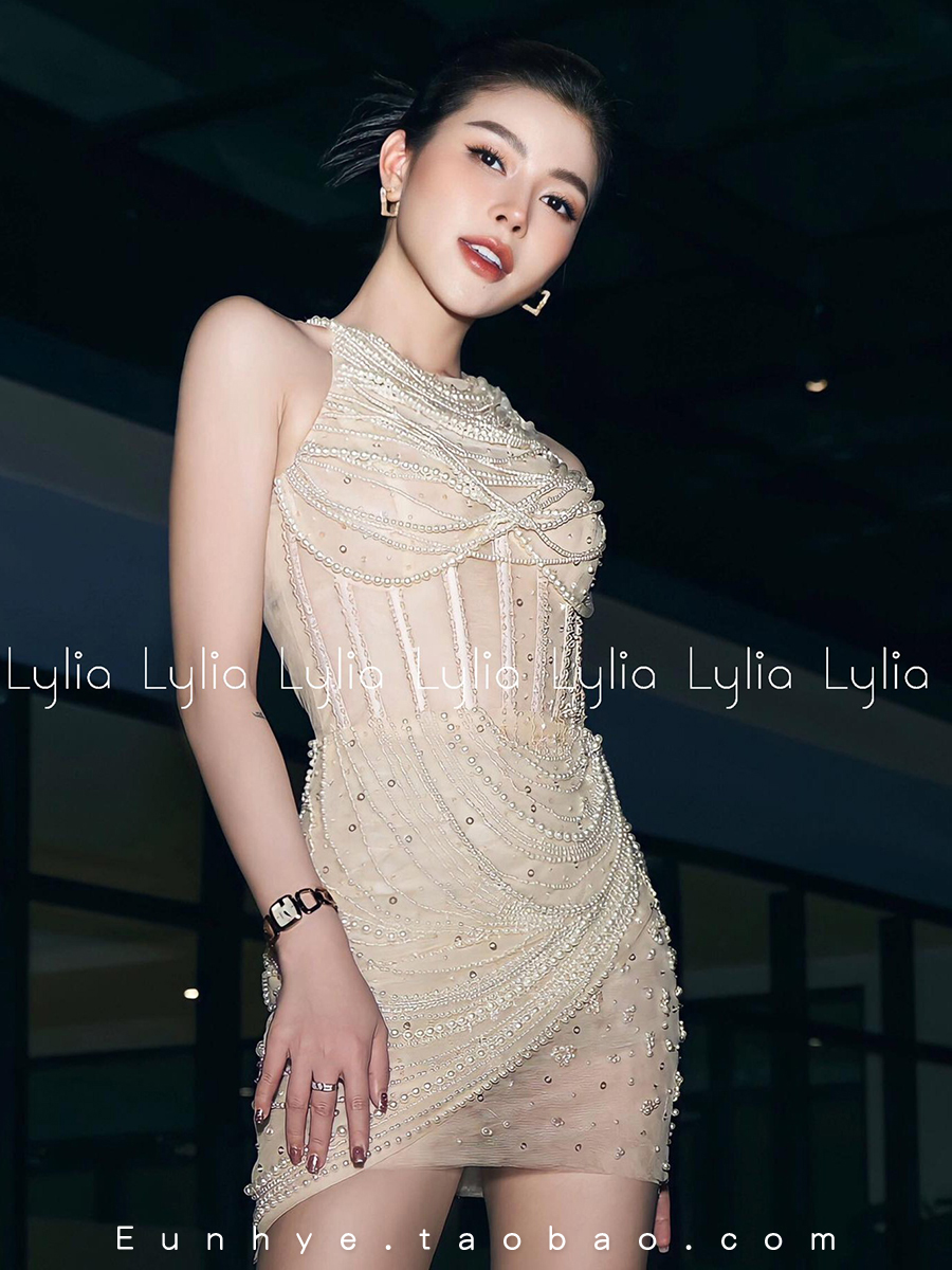 Vietnamese niche brand LYLIA 2024 new summer style gentle nude pearl chain slim dress