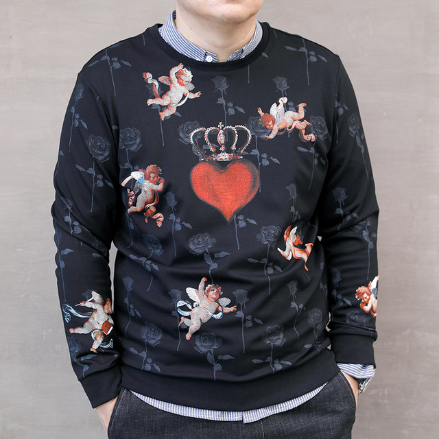 Autumn new printed large size men's fat plus size plus size men's round ...