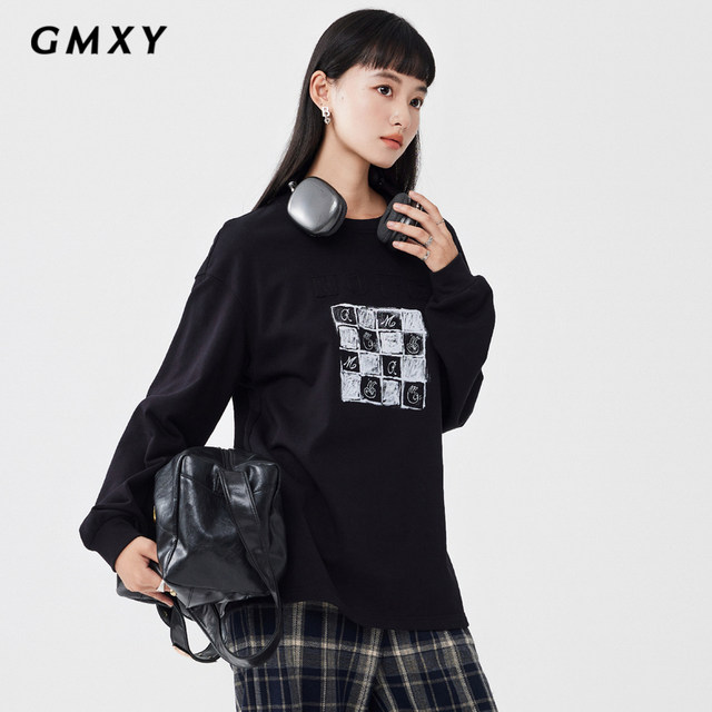 Gu Mu Xixiu's temperament fashion wearing round collar long -sleeved T ...