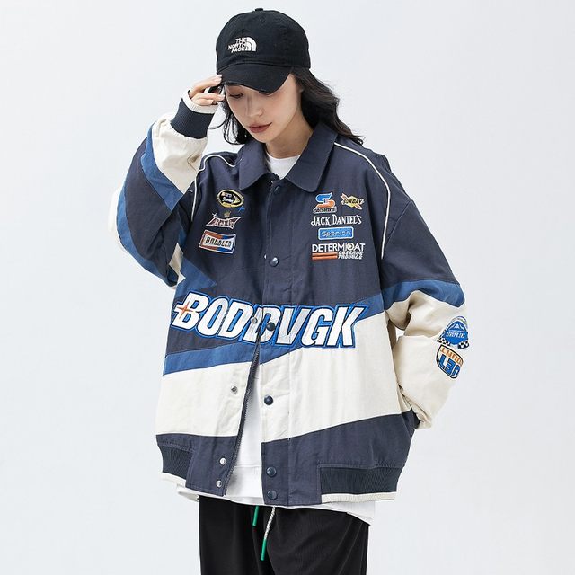 American retro embroidered racing suit street hip-hop motorcycle jacket ...