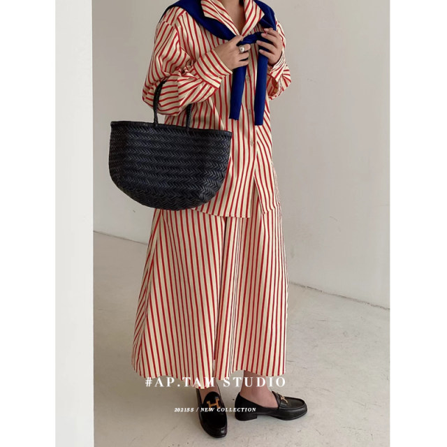 Tan Yanmi Red Rice Striped Skirt Women's High Waist Summer Mid-Length A ...