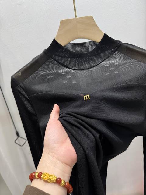 Half turtle neck long sleeve mesh T-shirt 2025 spring new style inner ...