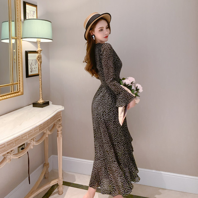 European station temperament polka dot chiffon dress lace-up design ...