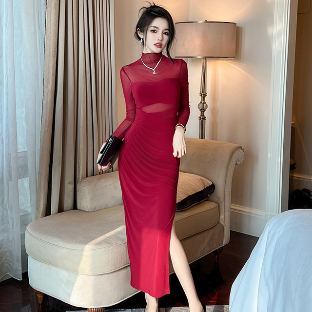 Mesh slightly translucent, sexy hip-hugging dress, long style, light ...