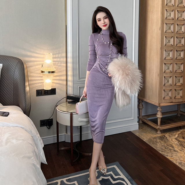 Black knitted turtleneck dress for women, fitted inner skirt, elegant ...