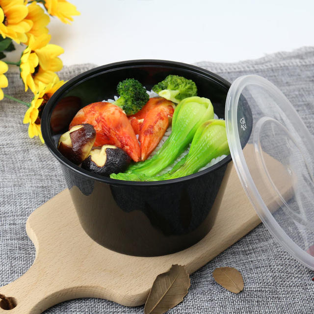 Round black 1000ML disposable lunch box plastic packaging box thickened ...