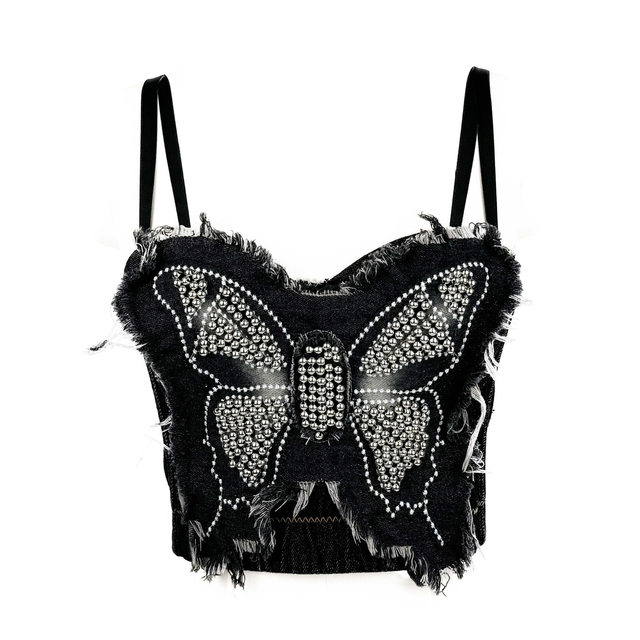 Butterfly beaded denim outer wear fishbone bra underwired short vest ...