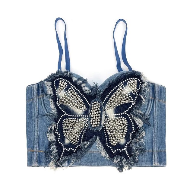 Butterfly beaded denim outer wear fishbone bra underwired short vest ...