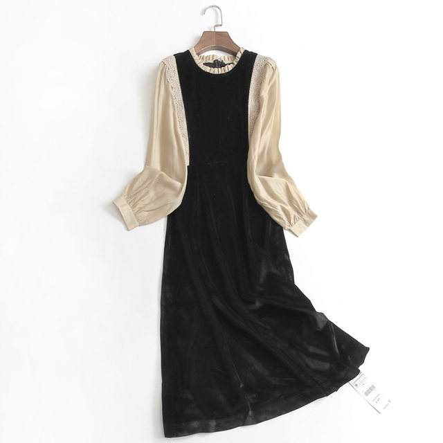 D437 contrasting color stitching lace round neck fake two-piece age ...