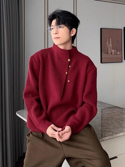 Red heavy 880g metal button sweater men's winter loose casual retro ...