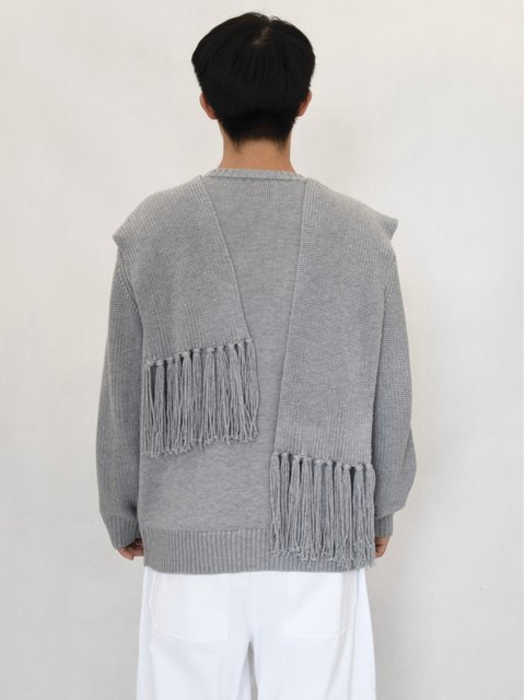 YOWSAH shoulder two scarf collar long -sleeved woolen knit round neck ...
