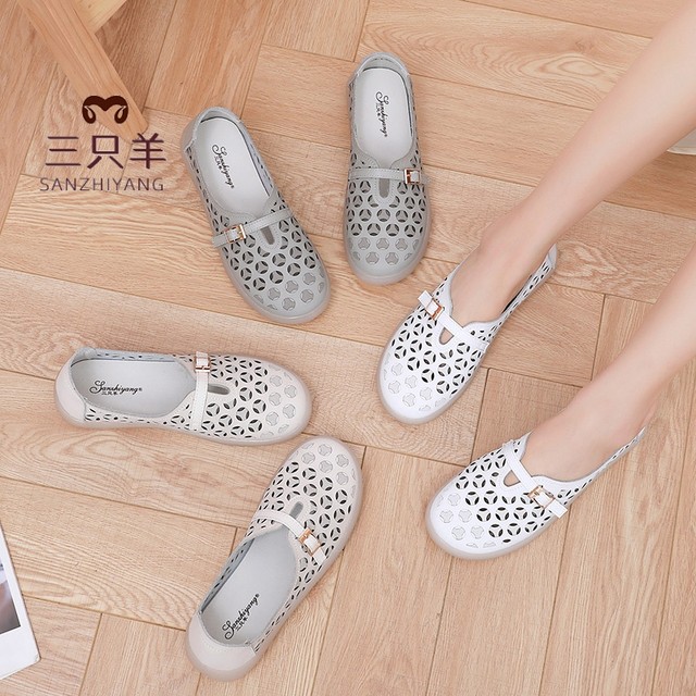 Three Sheep Genuine Leather Hollow Sandals Women's Summer and Autumn ...