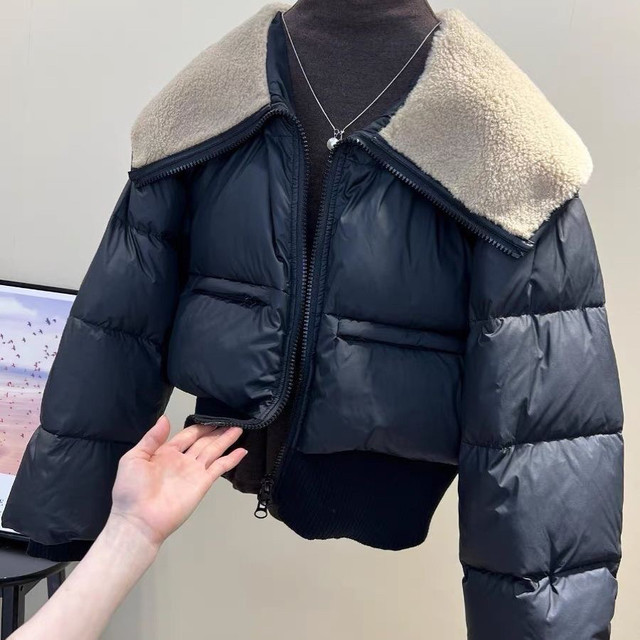 Lambwool large lapel knitted cotton jacket for women in winter waist ...