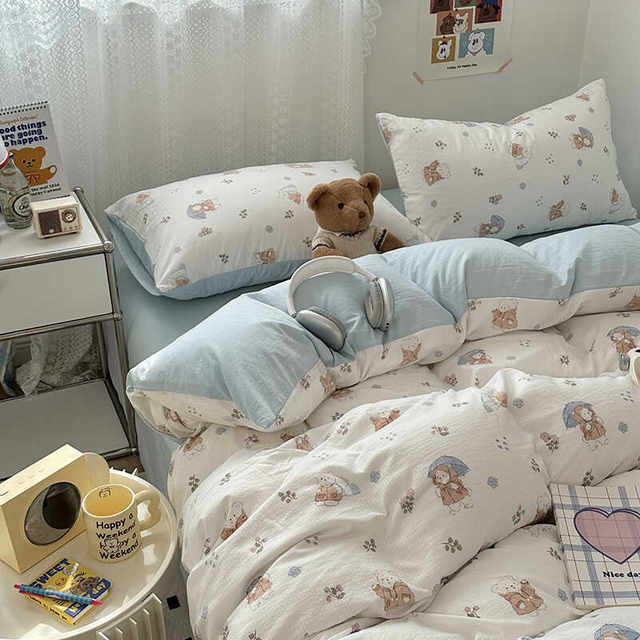 ins Feng Shui Washed Cotton Four-piece Cartoon Quilt Cover Small Fresh Super Soft Double Splice ...