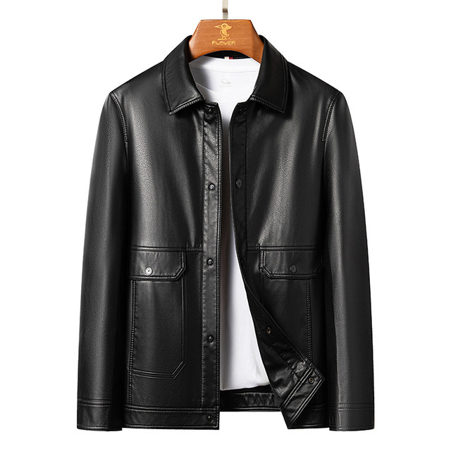 Haining Leather Men's Genuine Leather Jacket Black Lapel Basic Popular ...