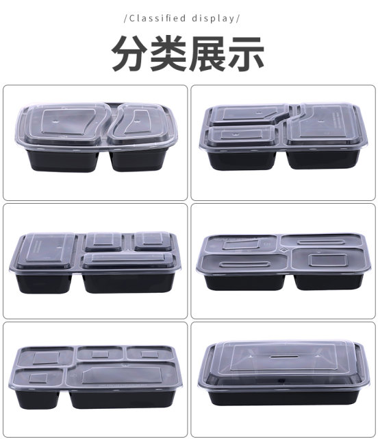 Disposable lunch box divided into four rectangular compartments, take ...