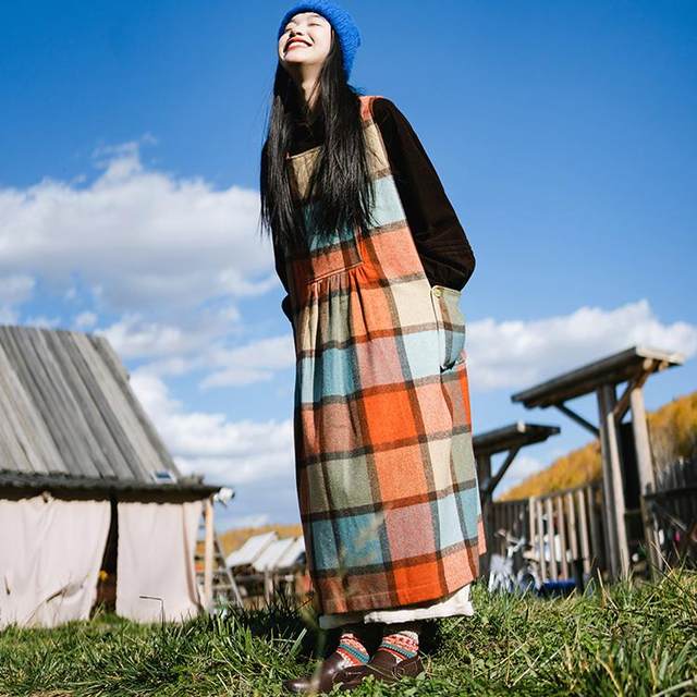 Ancient moss Altay's autumn color grid vest skirt literary vitality ...