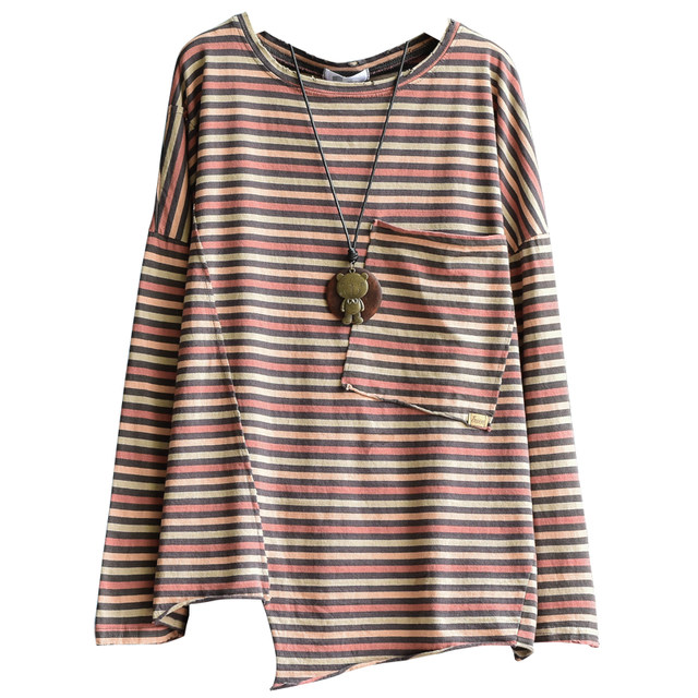 Pure cotton striped long-sleeved irregular T-shirt women's spring and ...