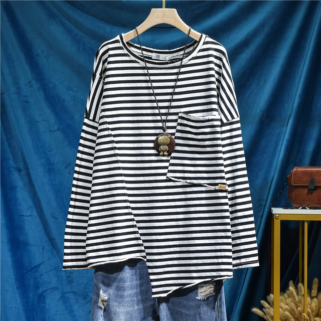 Pure cotton striped long-sleeved irregular T-shirt women's spring and ...