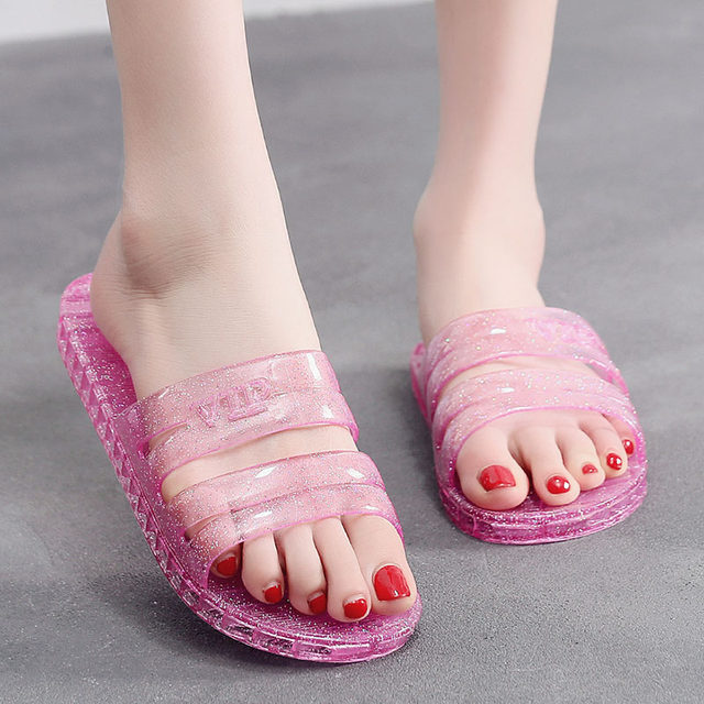 Crystal plastic slippers, versatile seaside flat-bottomed home bathroom ...