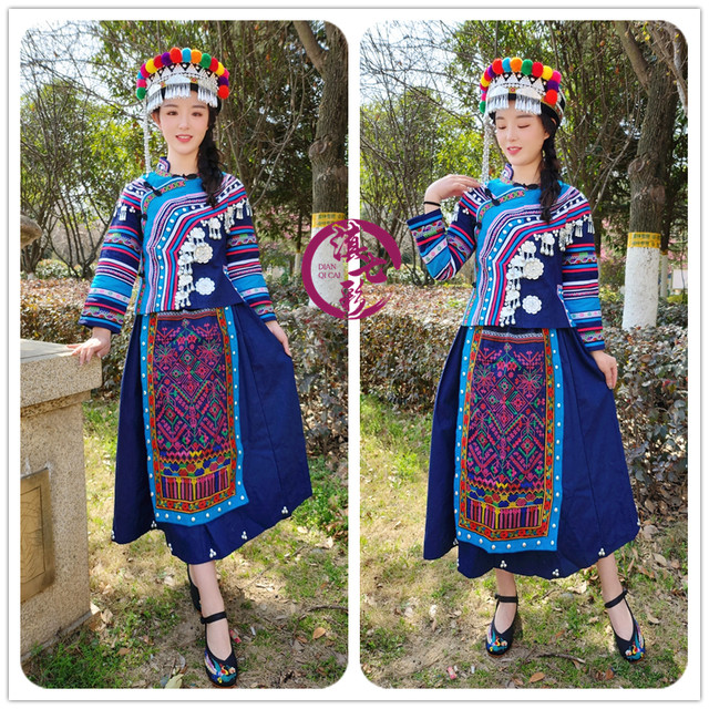 Premium Hani women's clothing in Yunnan ethnic minority Tubuhani clothing in Navy Blue Biyue ...