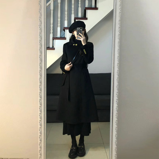 Hepburn style high -level black woolen coat female autumn and winter ...