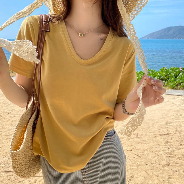 Turmeric V-neck Short-sleeved T-shirt for women 2025 new summer outfit ...