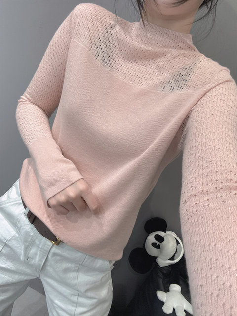 Hollow micro -scratching sweater, long -sleeved female autumn and ...