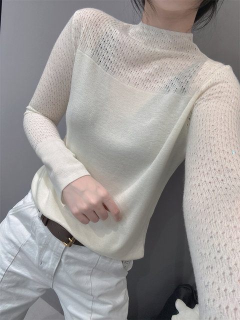 Hollow micro -scratching sweater, long -sleeved female autumn and ...