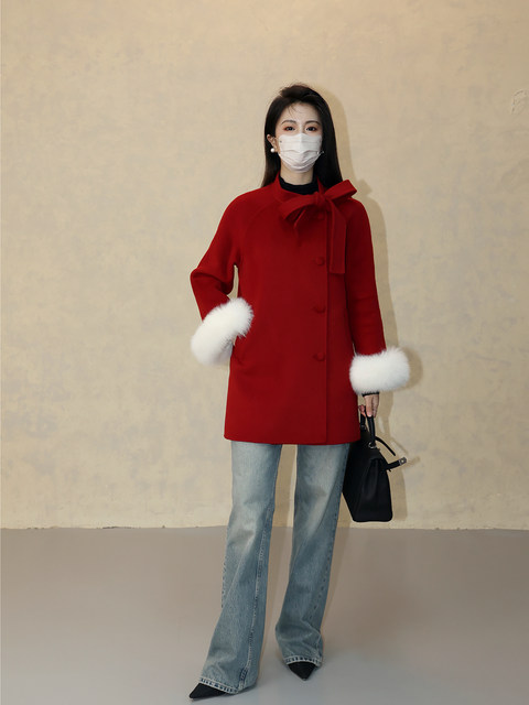 Silk wool fox fur sleeve French cloak woolen coat women's hand sewn ...