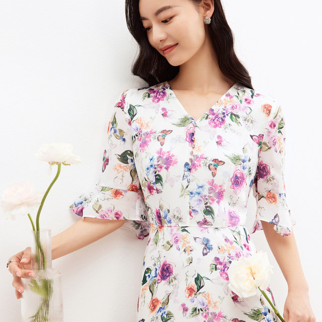 Claire Tier women's new French floral skirt dress female Xia mid-length ...