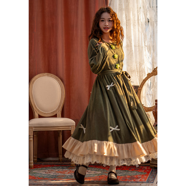 PINKWINK Little Starry Night Retro Original Flower Green Women's Autumn ...