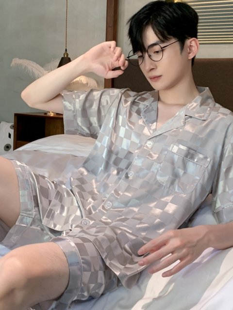 Men's pajamas 2025 new ice silk set thin summer short -sleeved high ...