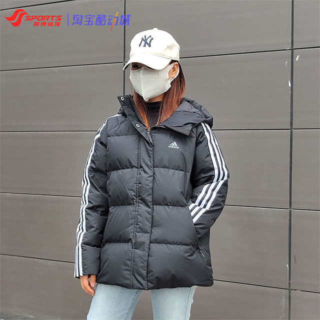 Adidas down jacket Women's classic striped casual hooded jacket warming ...