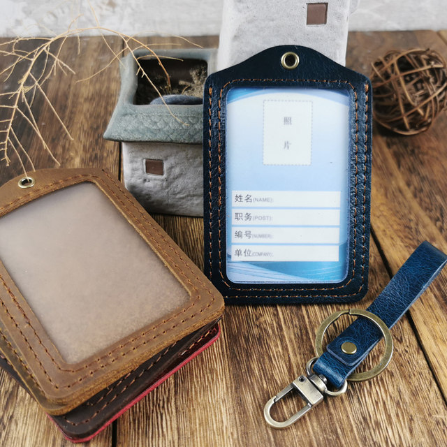 Real cowhide handmade ID card holder with dual card slots, bus student ...