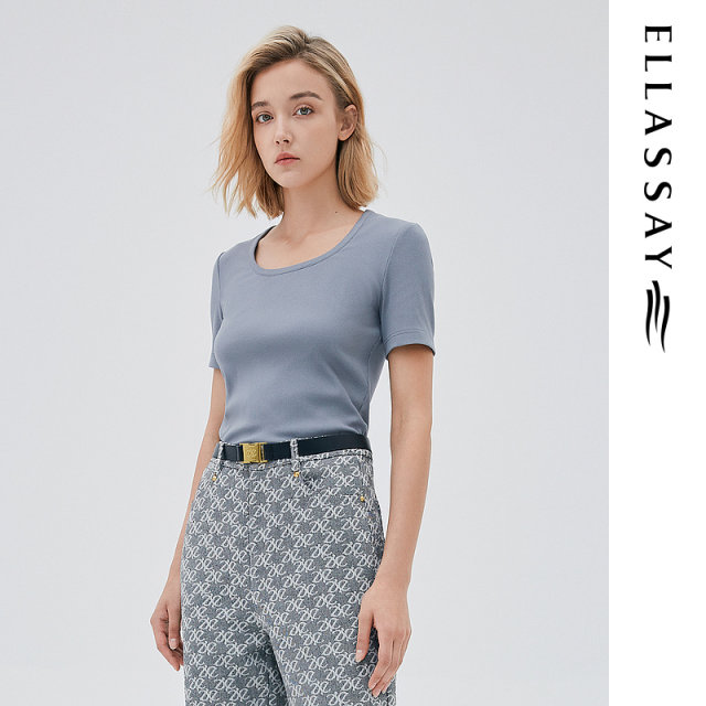 ELLASSAY autumn new simple bottoming solid color short-sleeved female ...