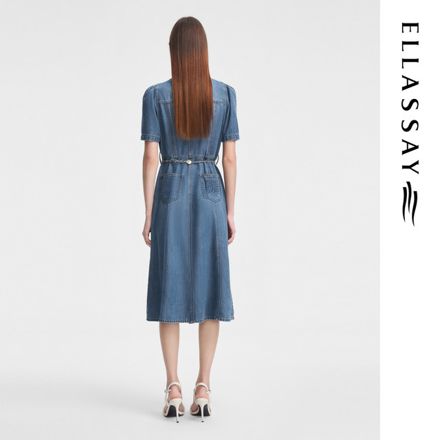 ELLASSAY 24 spring and summer new high-quality retro square-neck denim ...
