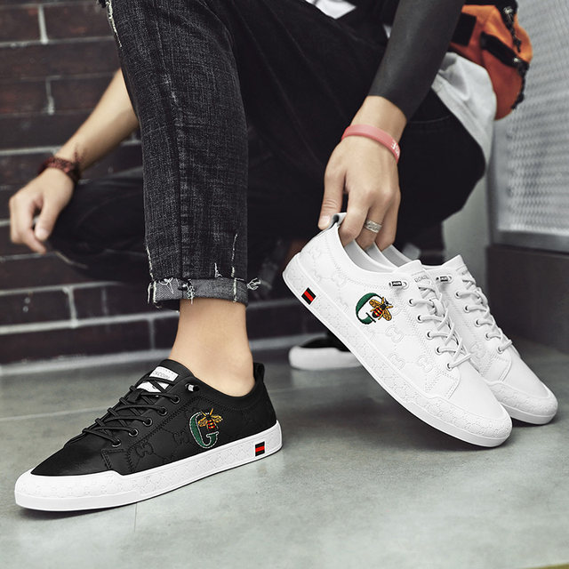 Tide brand men's shoes autumn and winter sheet leather bee little white ...