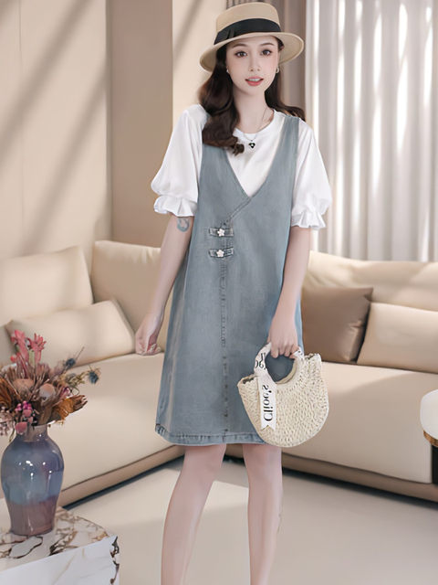 New Chinese flower buckle denim strap skirt women's summer fashion ...